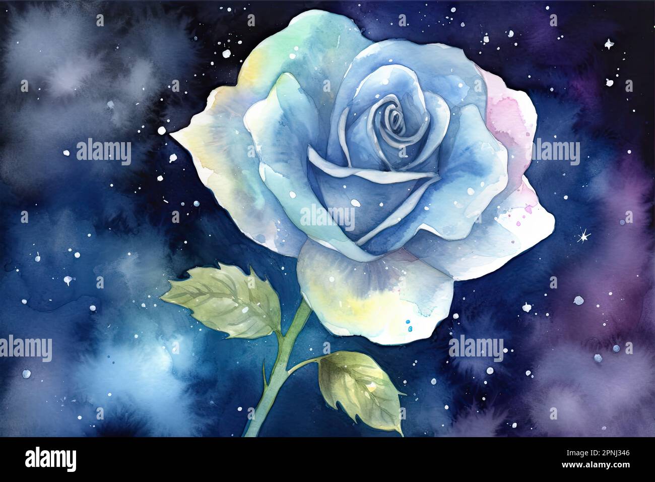 Design a watercolor painting of a blue rose with a cosmic and celestial ...