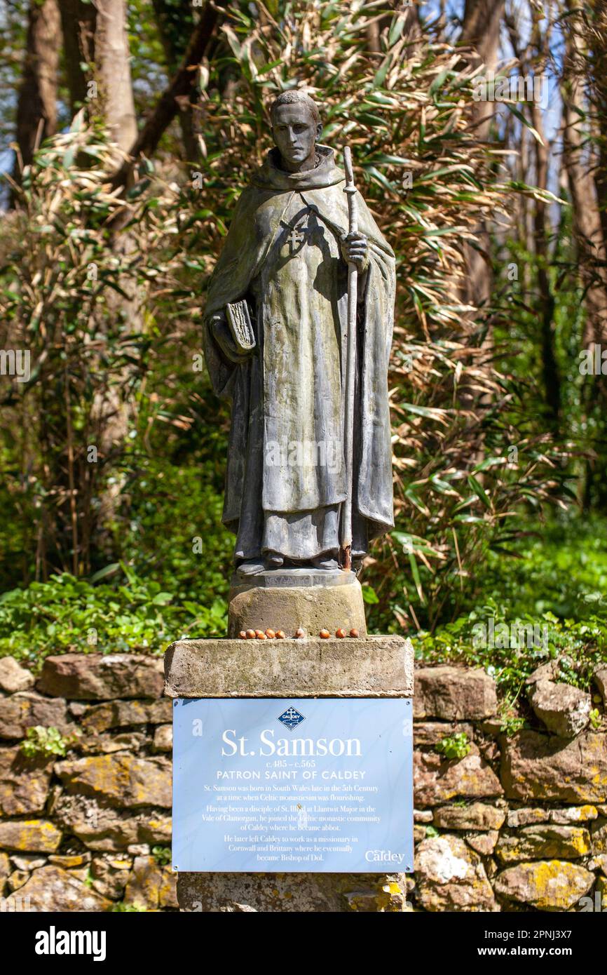Caldey Island, Pembrokeshire, Wales, UK – Statue of St Samson Stock ...