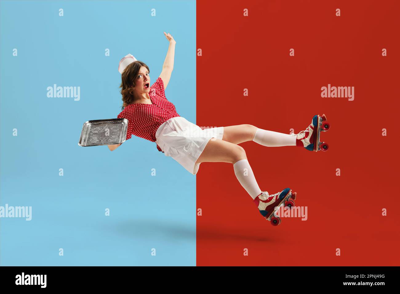 Portrait of young beautiful girl, woman wearing retro style clothes and ...