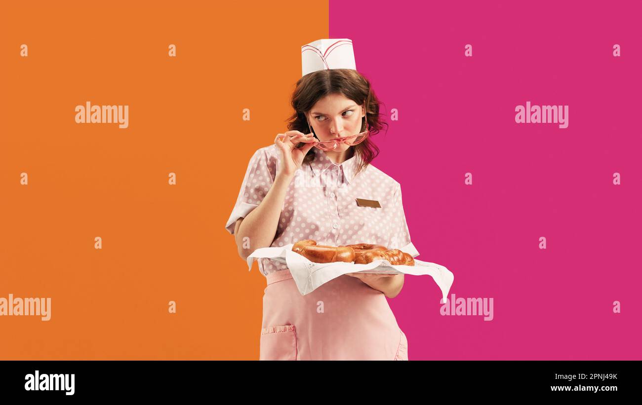 Portrait of young female waitress, sensual woman in retro american ...