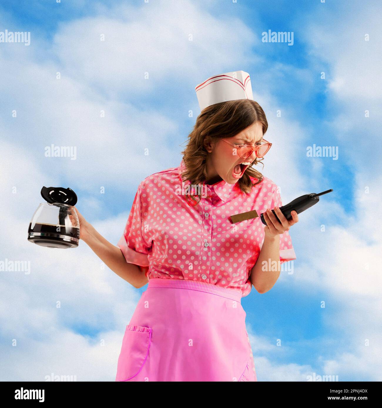 Beautiful young girl in image of retro cater waiter wearing 70s, 80s ...