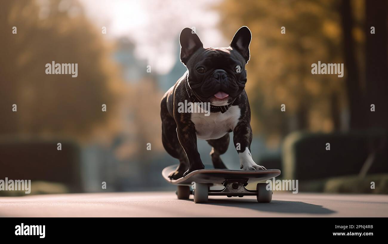 A french bulldog is happily riding on a skateboard, tongue out Stock ...