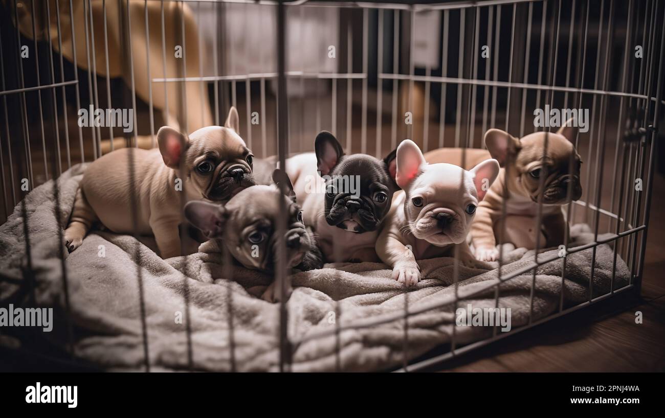 A group of multiple french bulldog puppies in a dog crate Stock Photo ...
