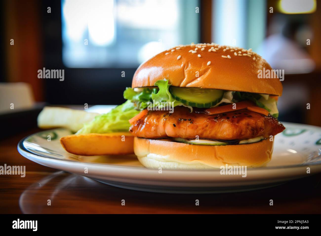 Teriyaki salmon burger, with a grilled salmon fillet, teriyaki sauce ...