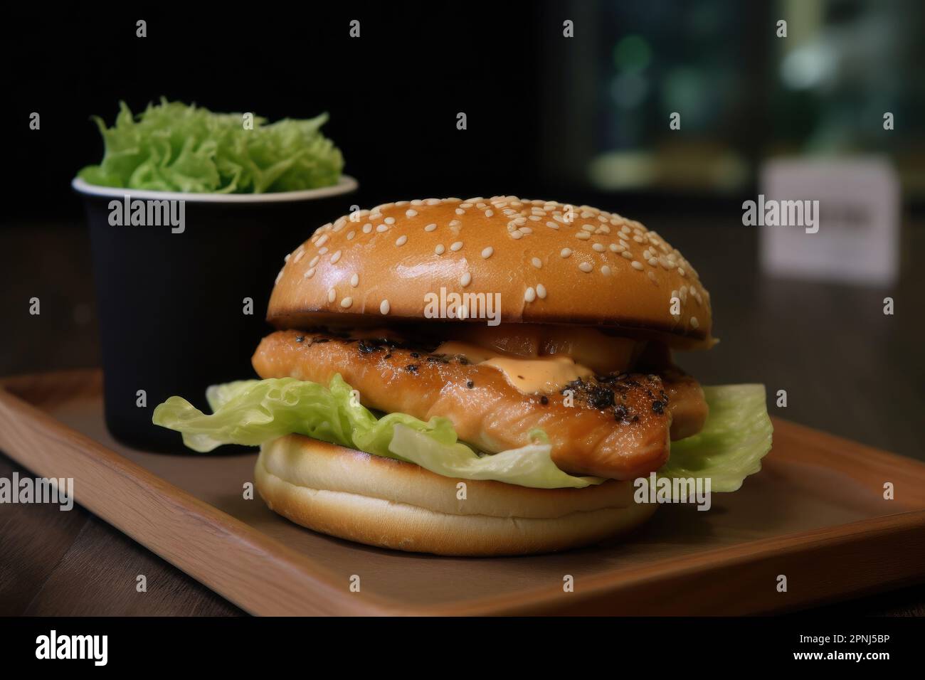 Salmon burger, with a grilled salmon fillet, teriyaki sauce, lettuce ...