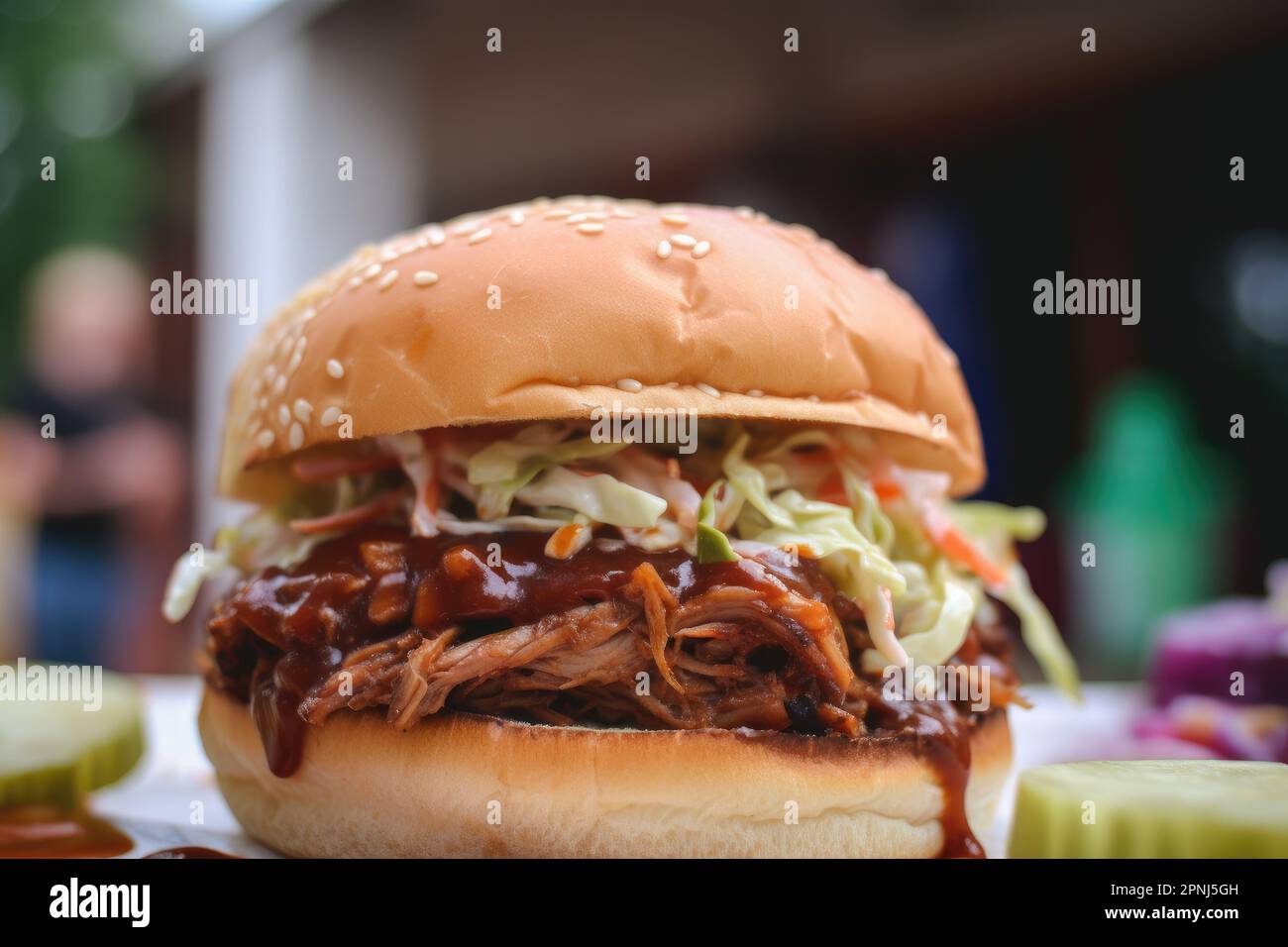 BBQ pulled pork burger, with slow-cooked pulled pork, tangy BBQ sauce ...