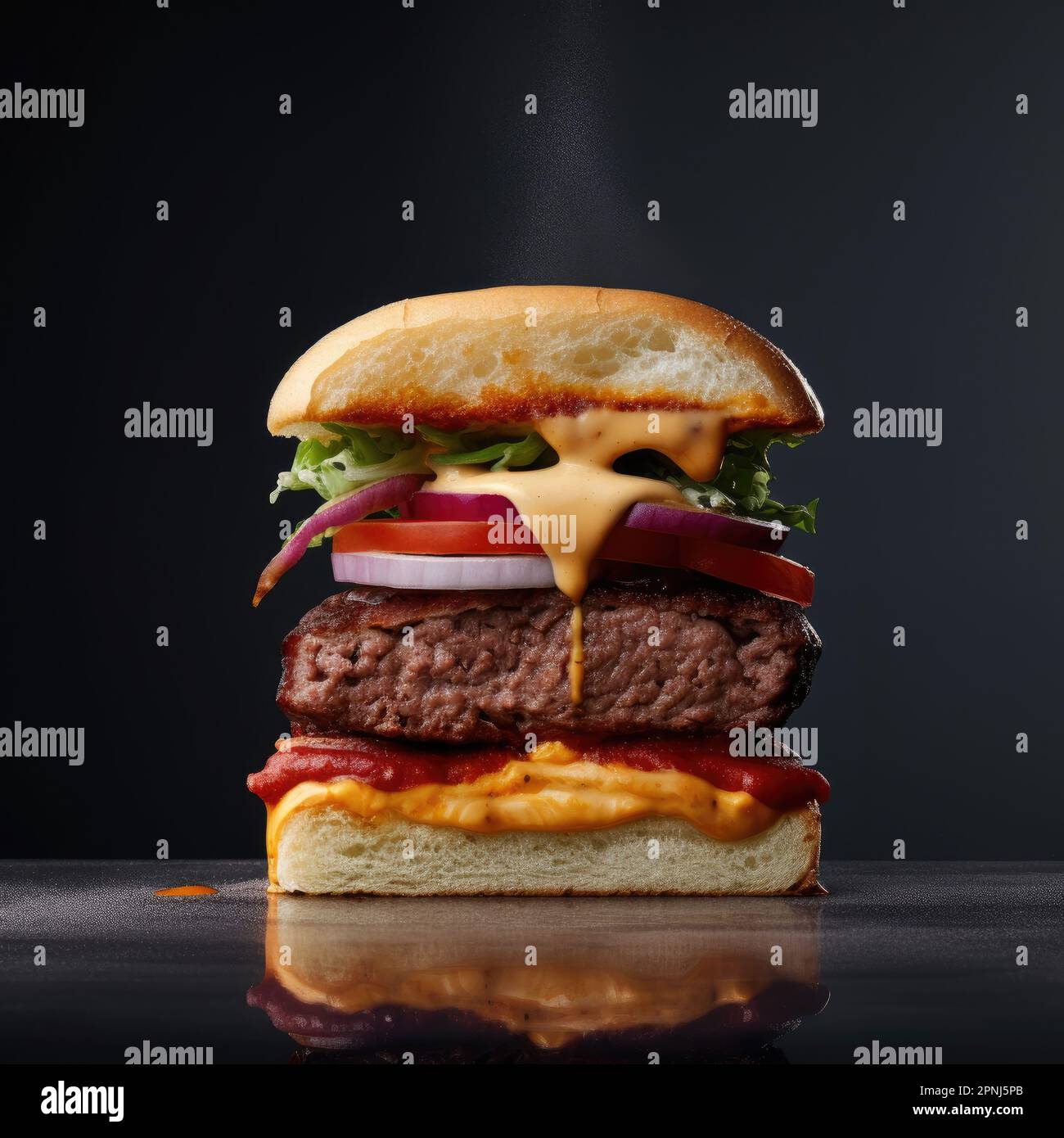 Half cut beef burger filled with beef cutlet and melted cheese on a ...