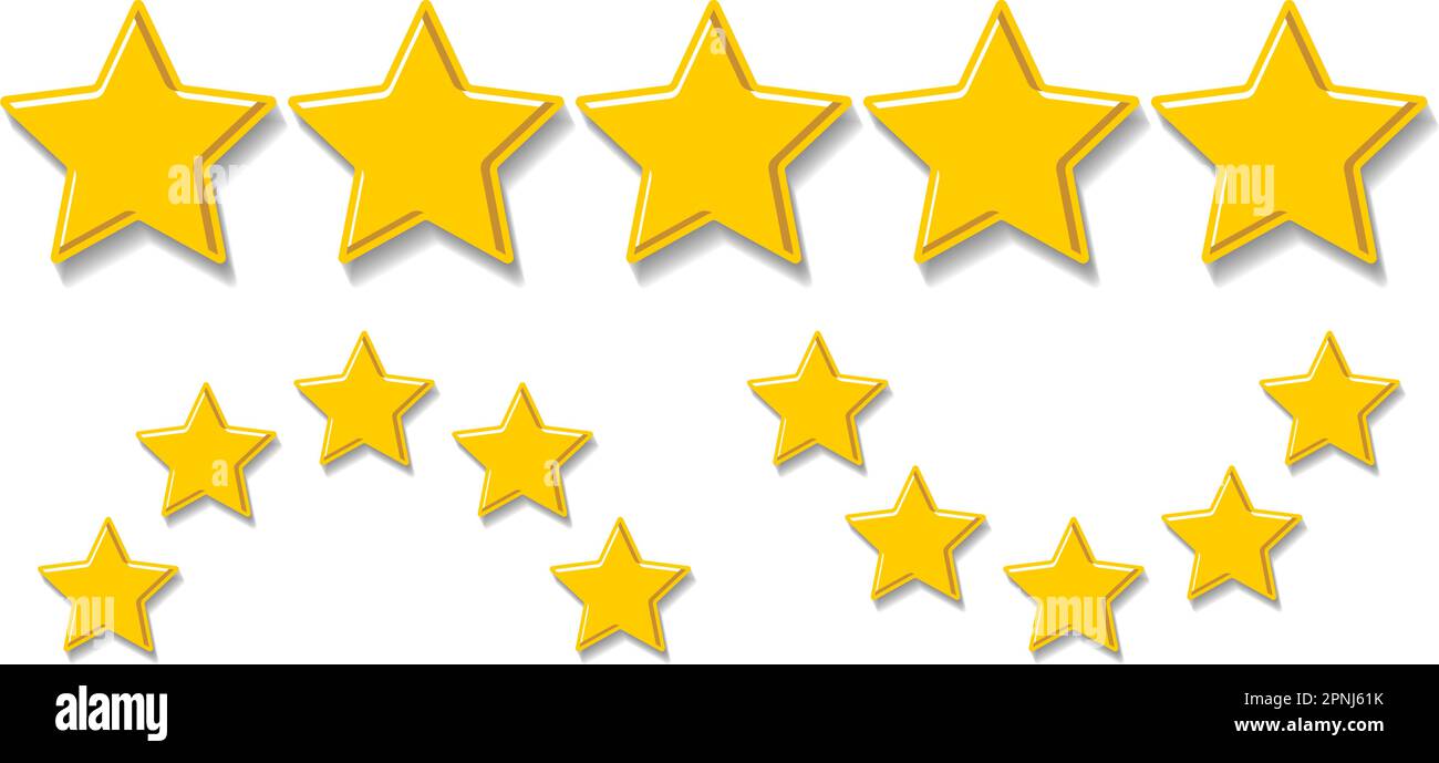 Golden five stars rating with realistic shadow. Vector icons for online shop, customer review ...