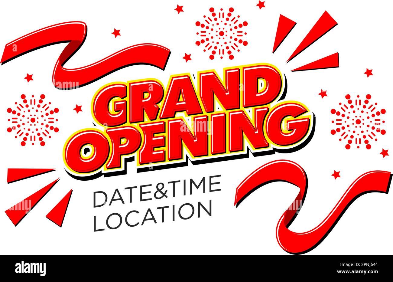 Grand opening invitationt template with burst of firework. Ribbon ...