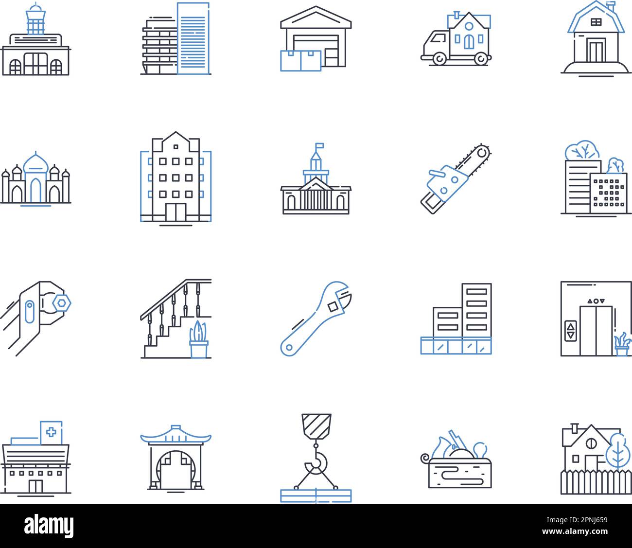 Infrastructure construction line icons collection. Foundation, Highway, Bridge, Roadwork ...