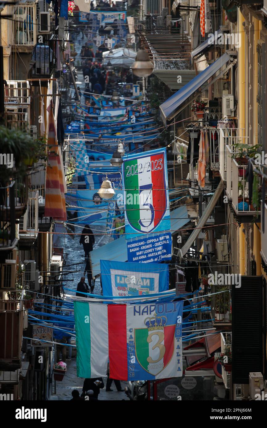 Naples, Italy. 19th Apr, 2023. Ribbons with the colors of the SSC ...