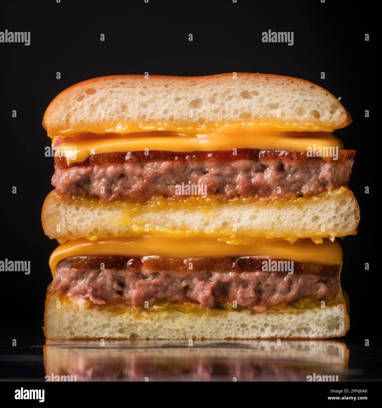 Half cut beef burger filled with cutlet and melted cheese on a black ...