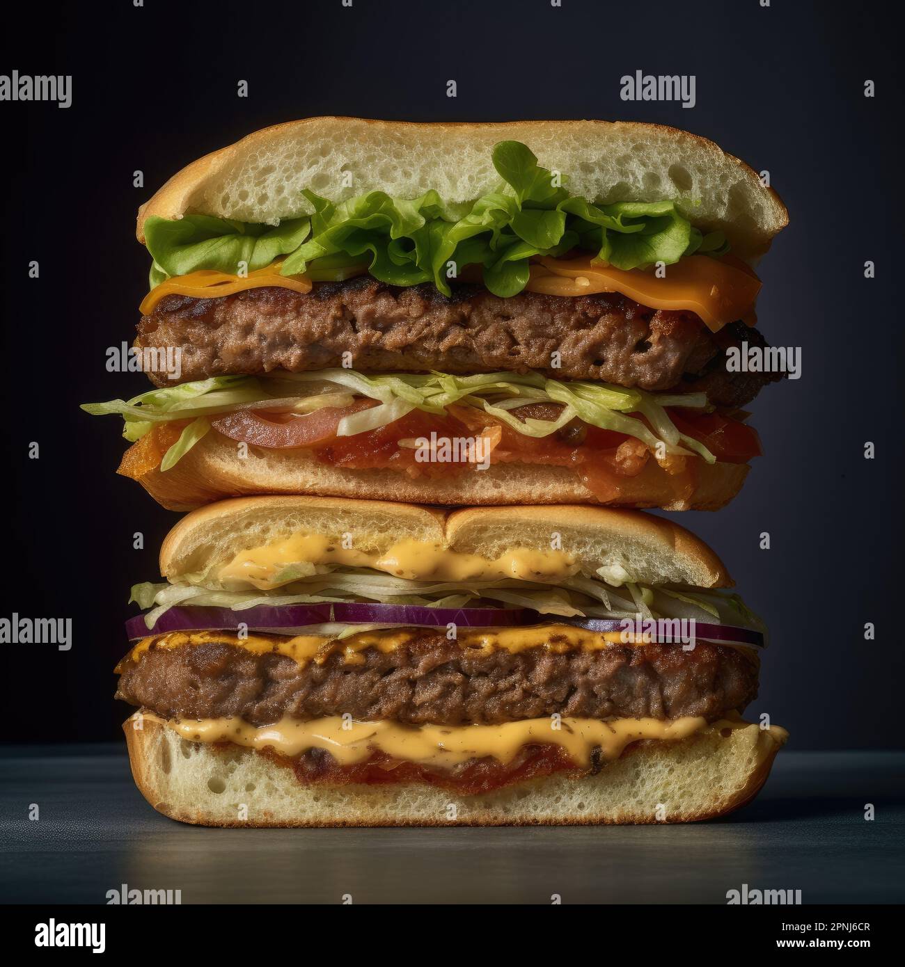 Half cut beef burger sandwich filled with beef cutlet and cheese on a ...