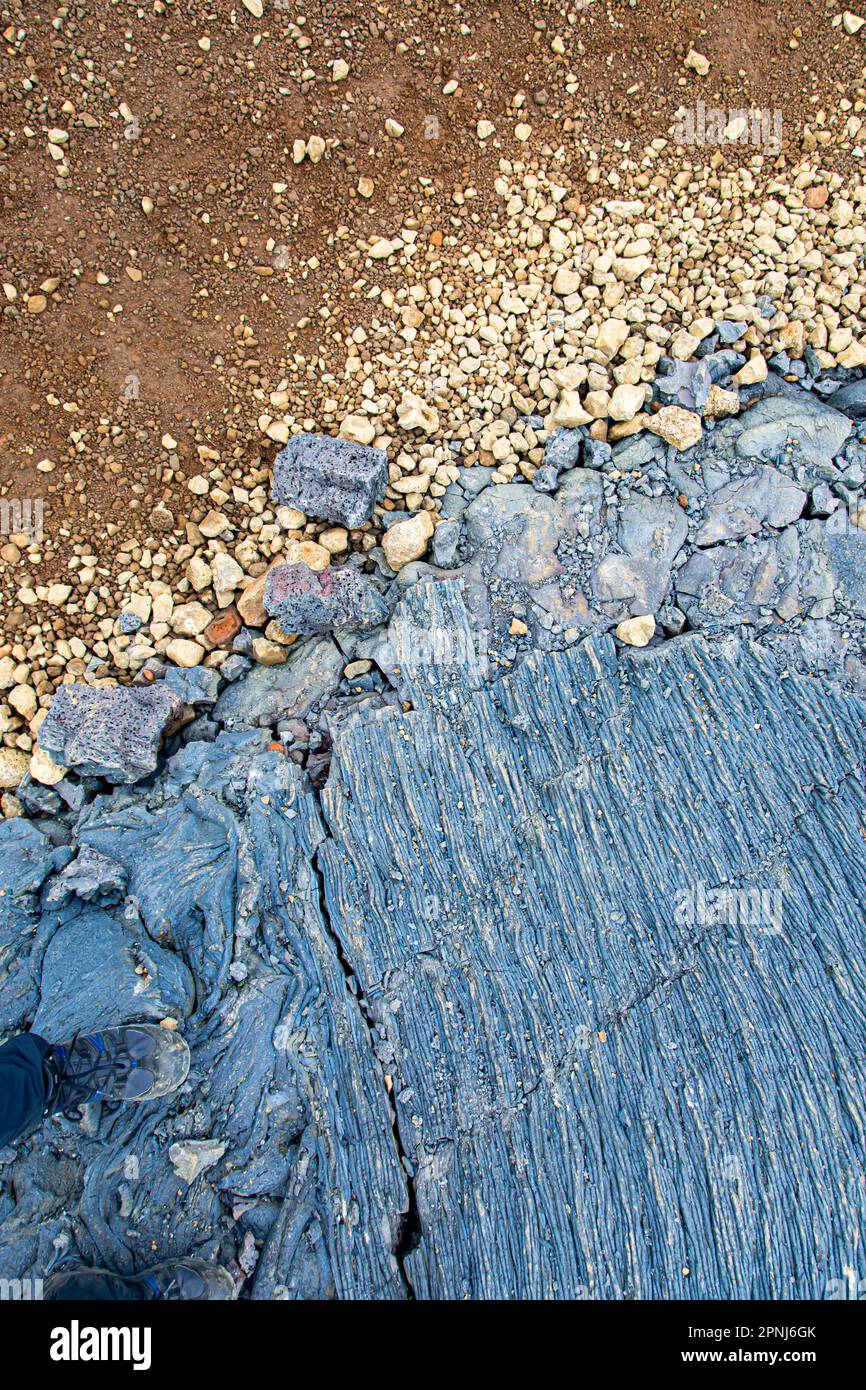 Black solidified lava of Fagradalsfjall volcano in a foggy day Stock ...