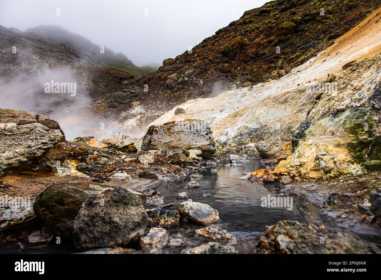 Natural hot spring steaming with colorful soil and water in the ...
