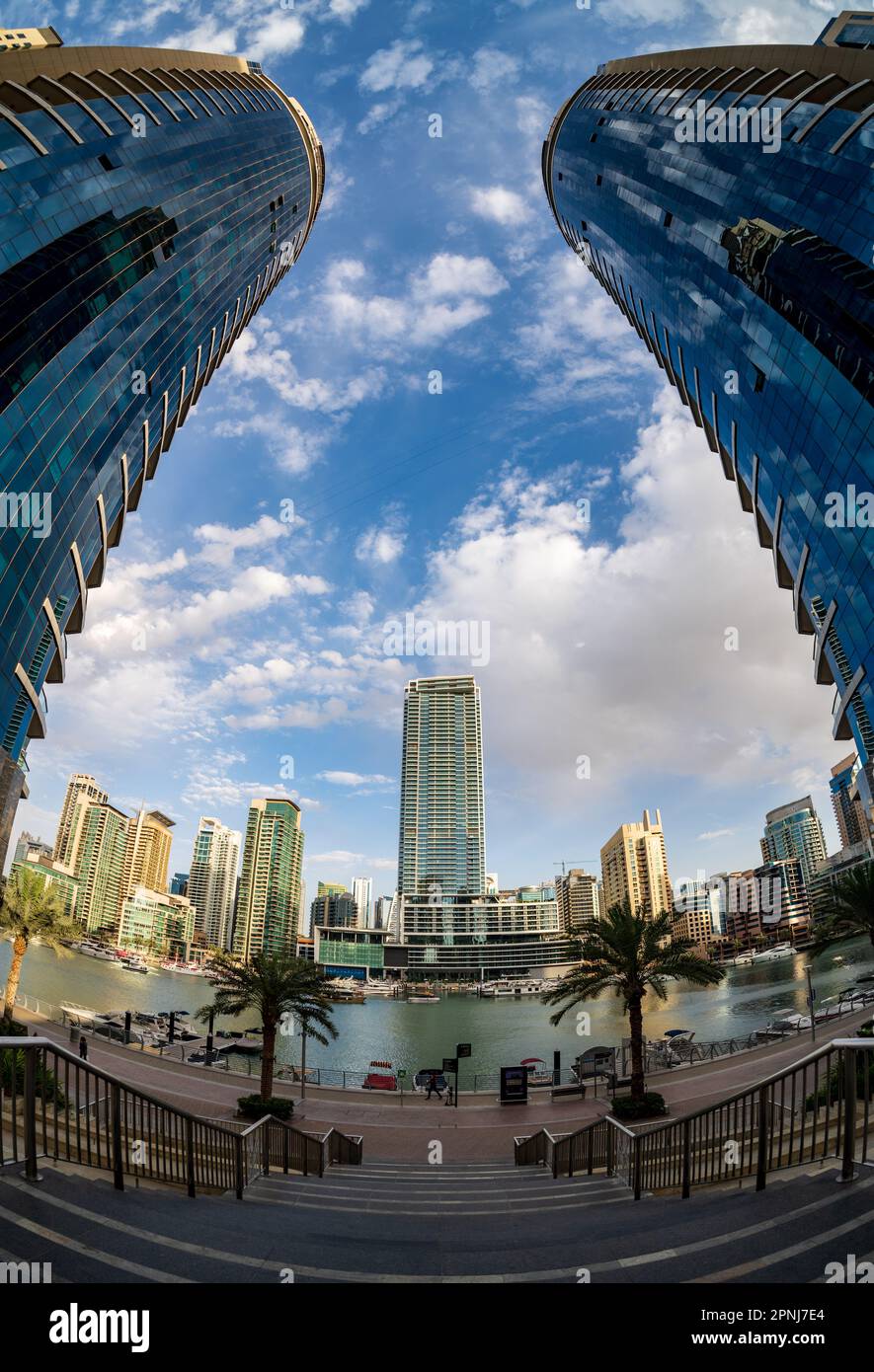 Extreme wide angle fish eye view of tall apartment blocks and hotels by ...