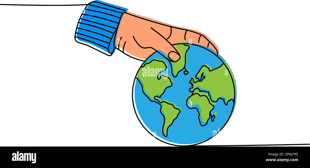 Man hand throwing a world map colored one line continuous drawing ...