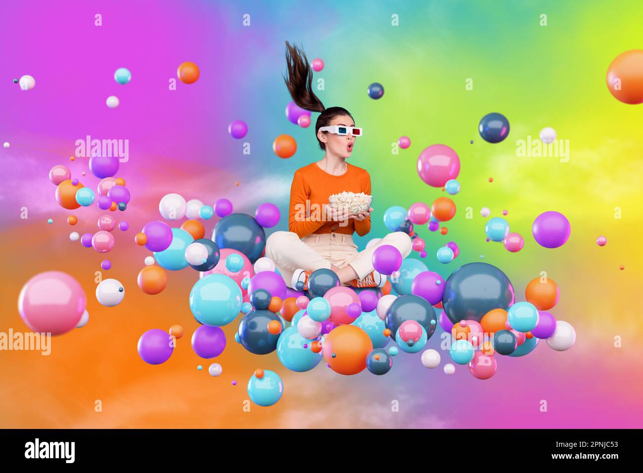 Collage picture of impressed girl sit floating colorful blob bubbles ...