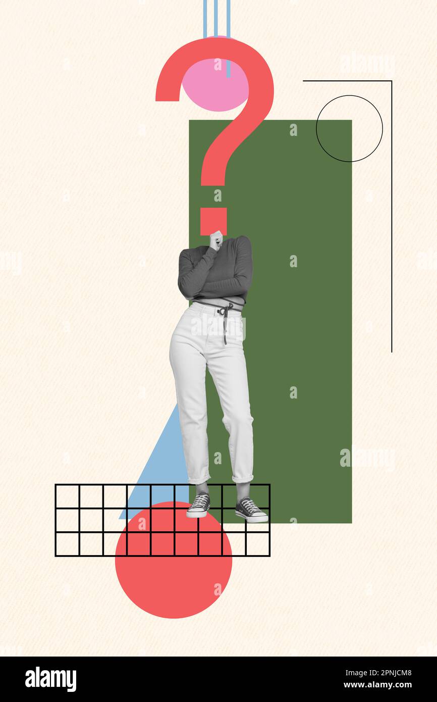 Vertical collage picture of mini black white effect girl huge question ...