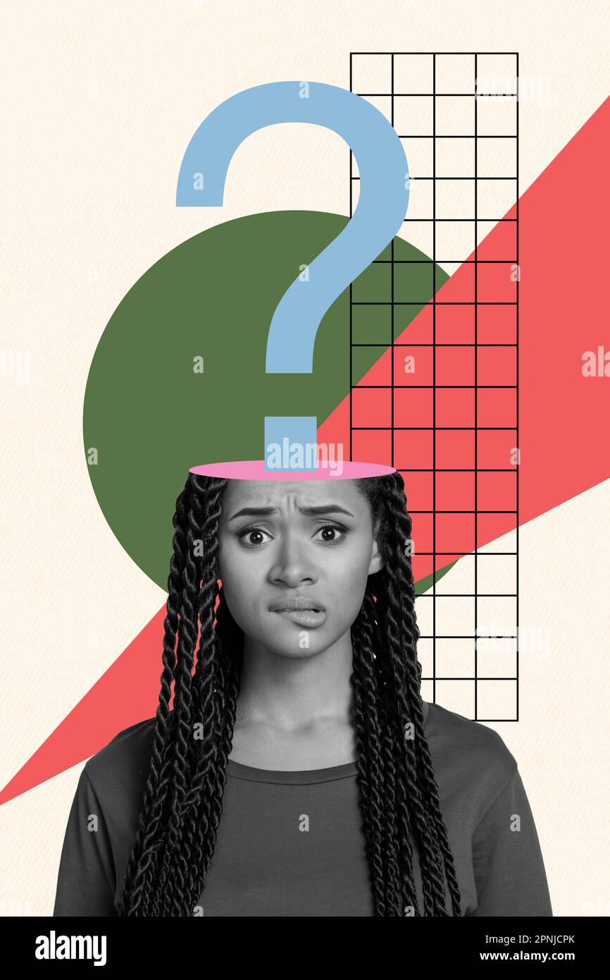 Vertical collage image of black white effect worried girl biting lips ...