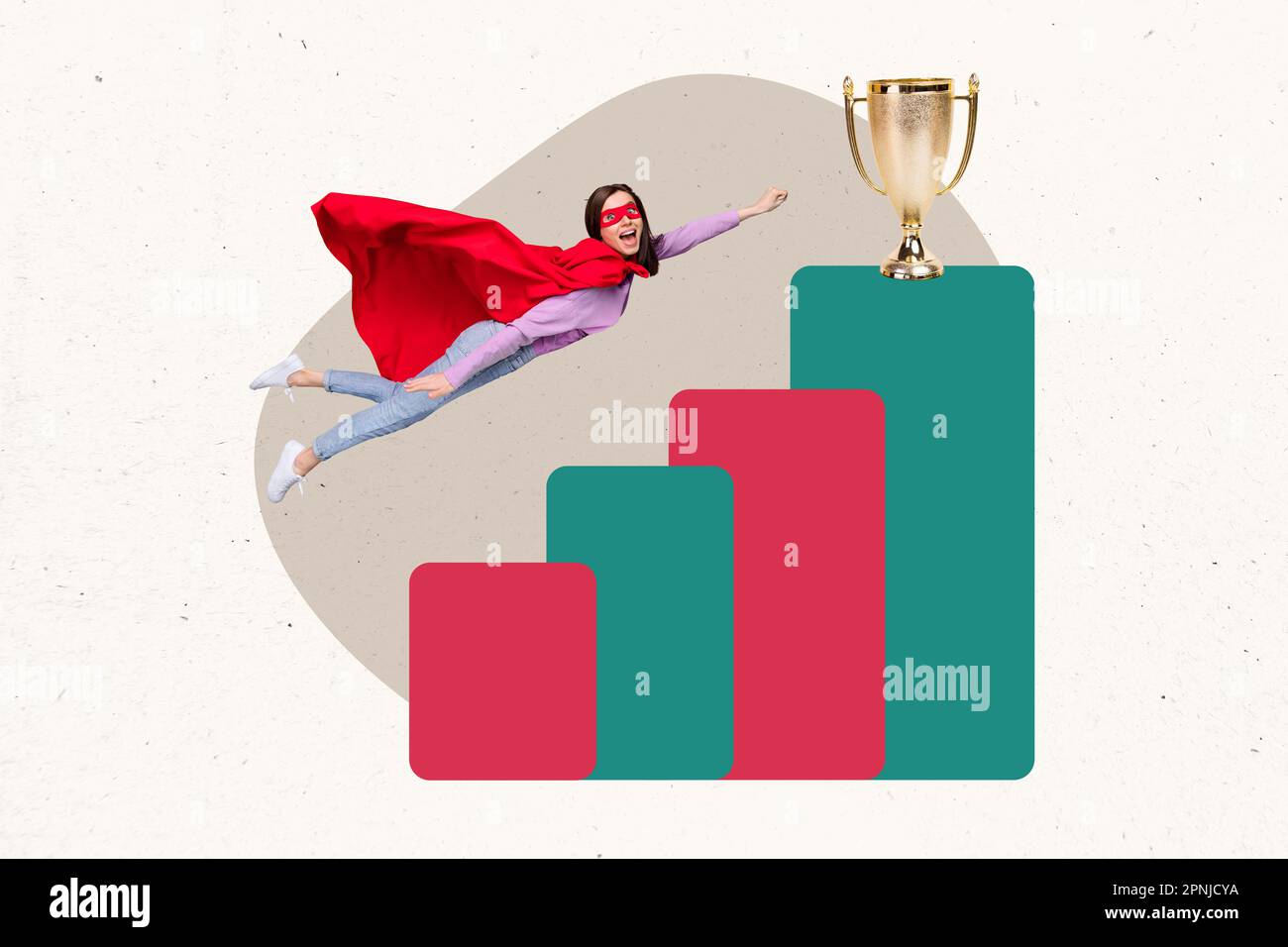 Collage image of mini excited super girl raise fist flying trophy ...