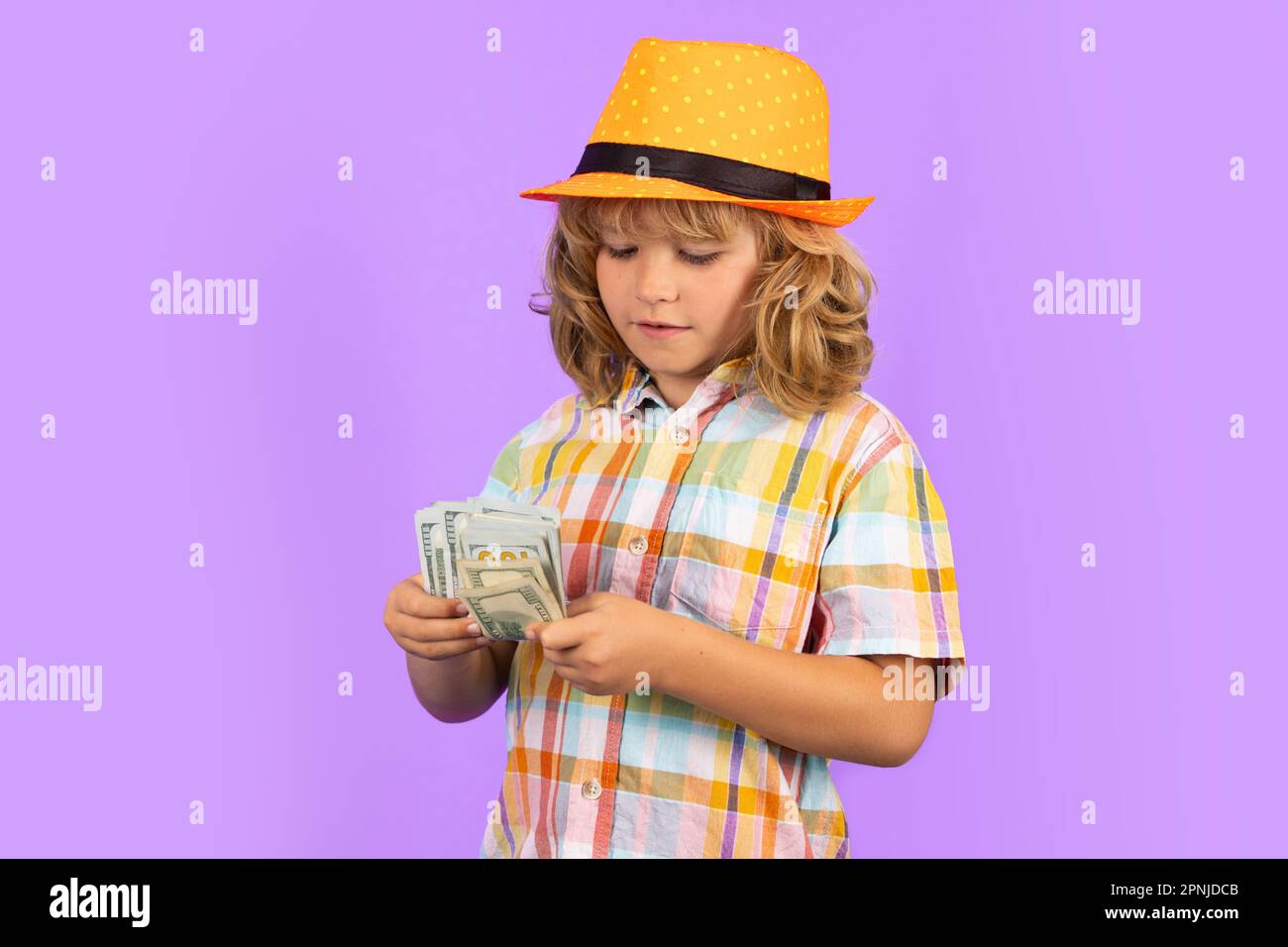 Cash money dollars bills concept. Happy rich kid boy with money dollars ...