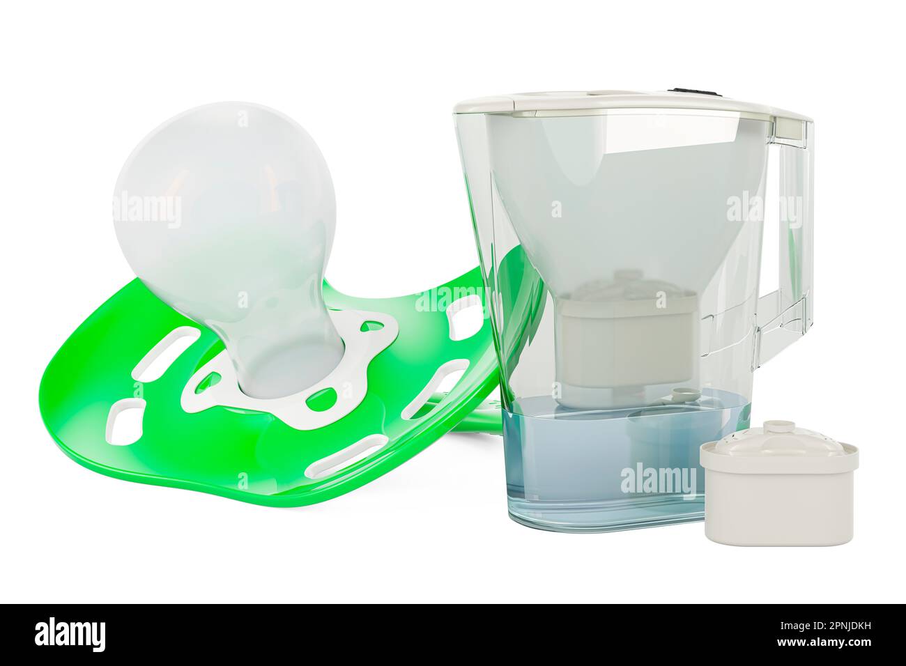 Pitcher water filter with baby pacifier, 3D rendering isolated on white ...
