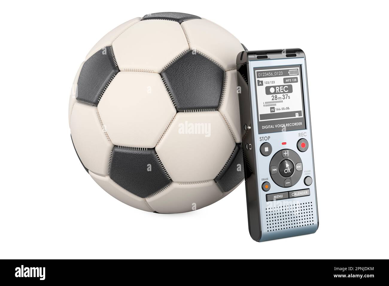 Soccer ball with digital voice recorder, 3D rendering isolated on white ...