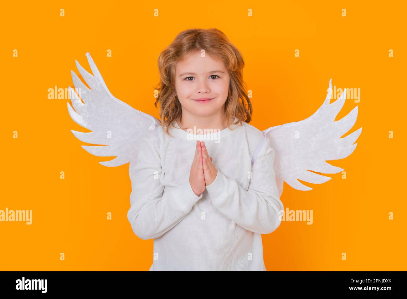 Valentine's day. Blonde cute child with angel wings on a yellow studio ...