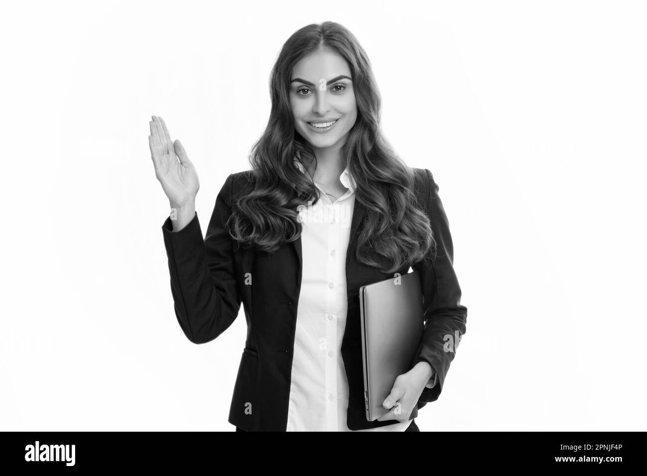 Portrait of positive cheerful ceo expert business woman work at laptop ...