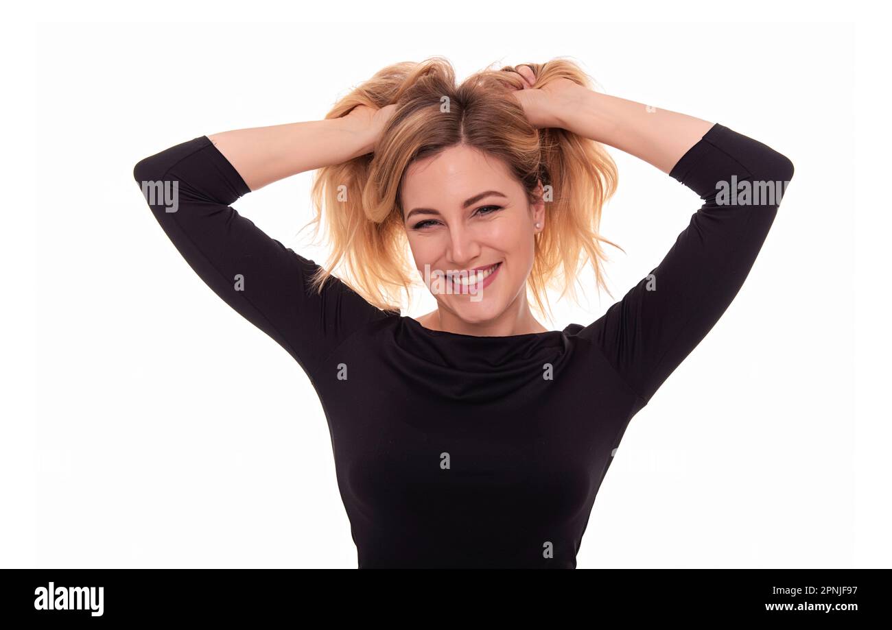 Beautiful blonde woman on a white background Stock Photo - Alamy