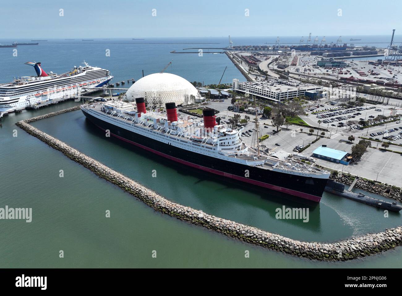 Long Beach, United States. 18th Apr, 2023. An aerial view of the Queen ...