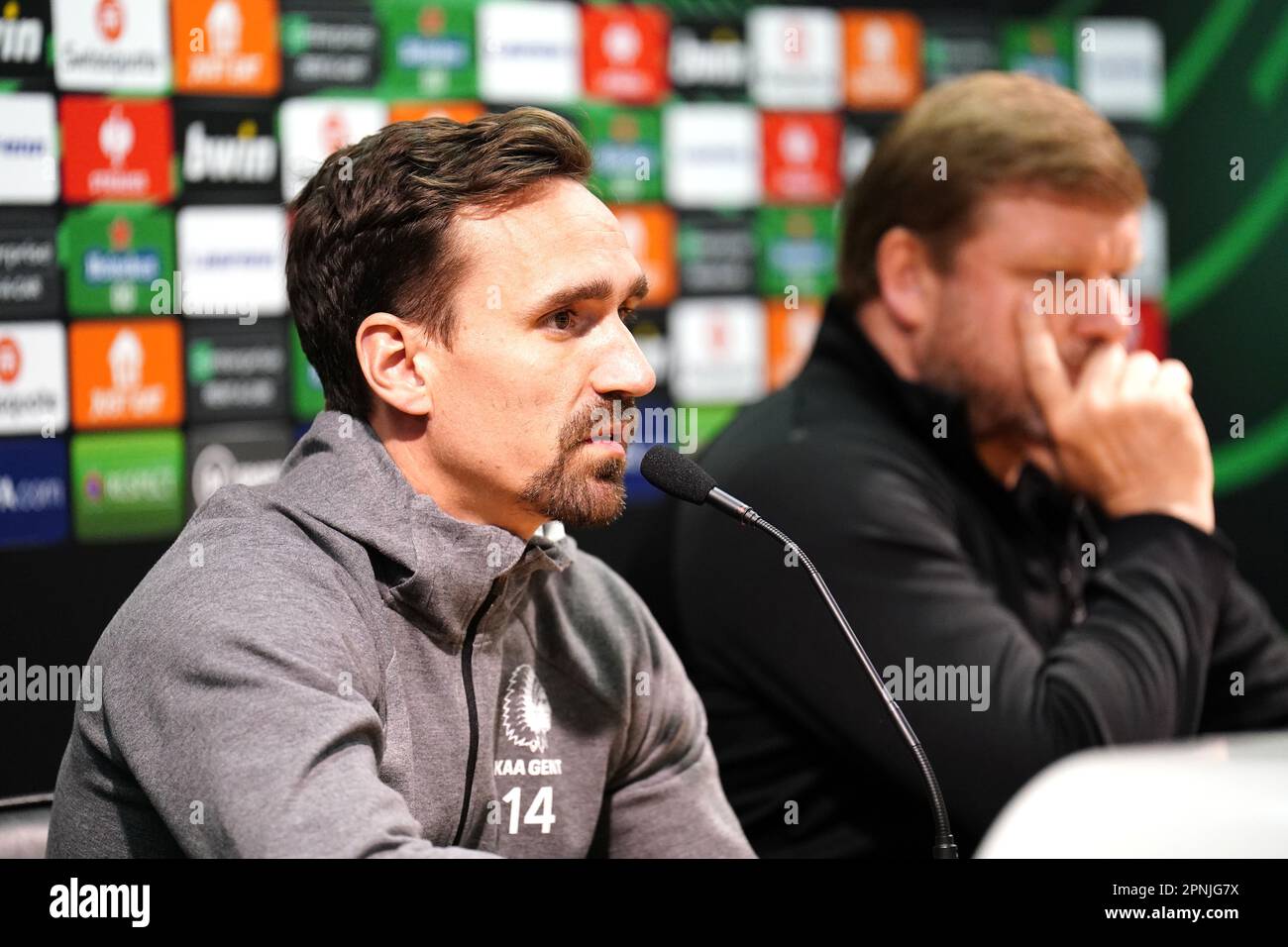 KAA Gent's Sven Kums (left) and manager Hein Vanhaezebrouck during a ...