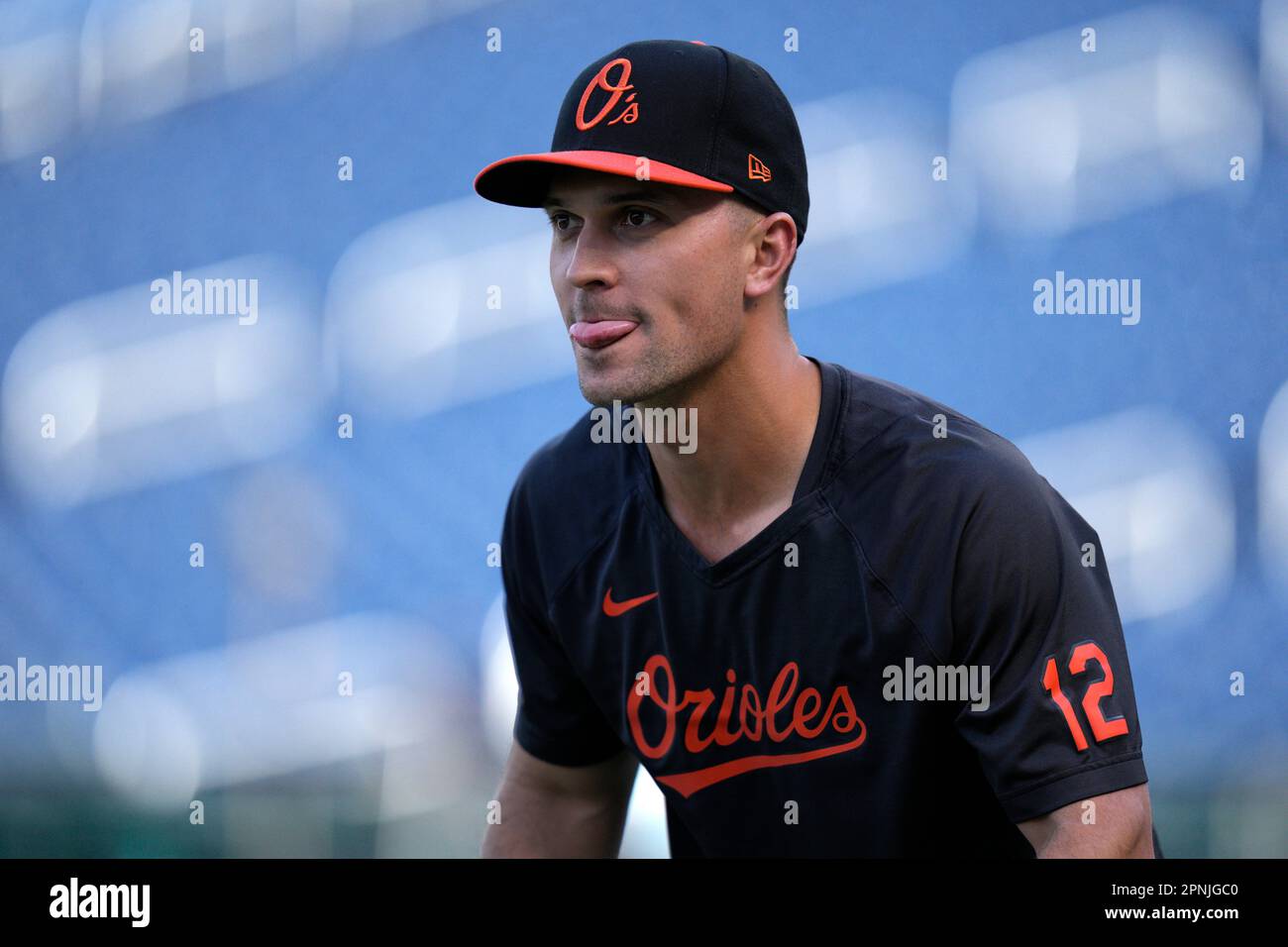 Baltimore Orioles second baseman Adam Frazier (12) prepares to field a ...