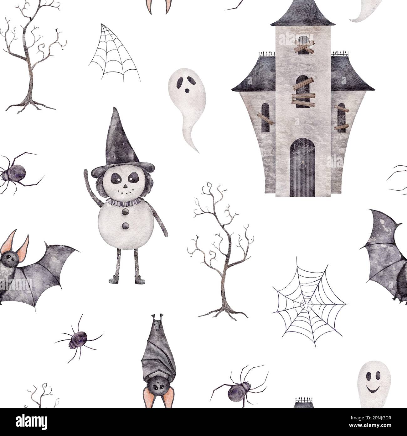 Watercolor Halloween seamless pattern with castle house, bat, spider ...