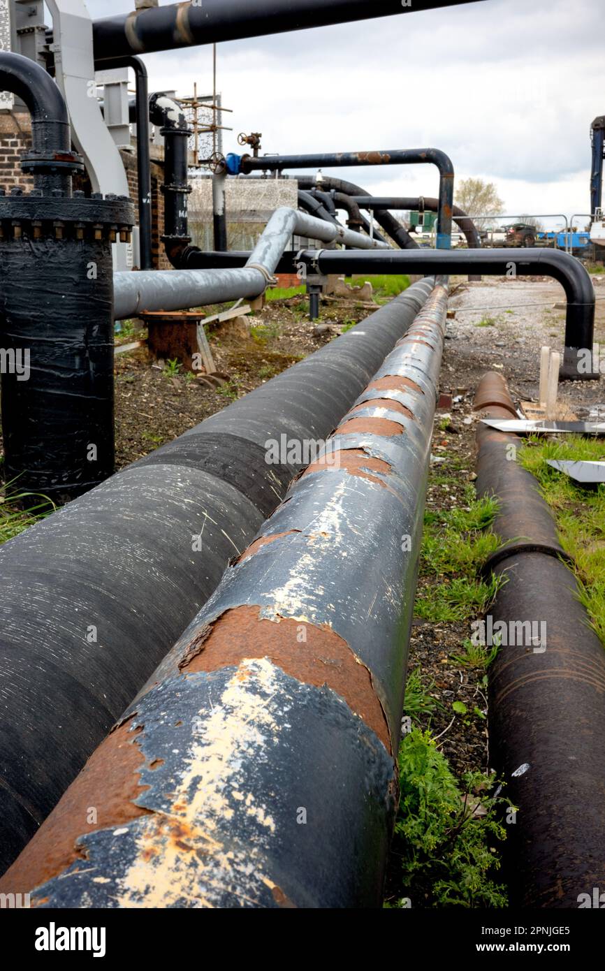 Large metal pipe work connecting salt processing plants at Northwich ...