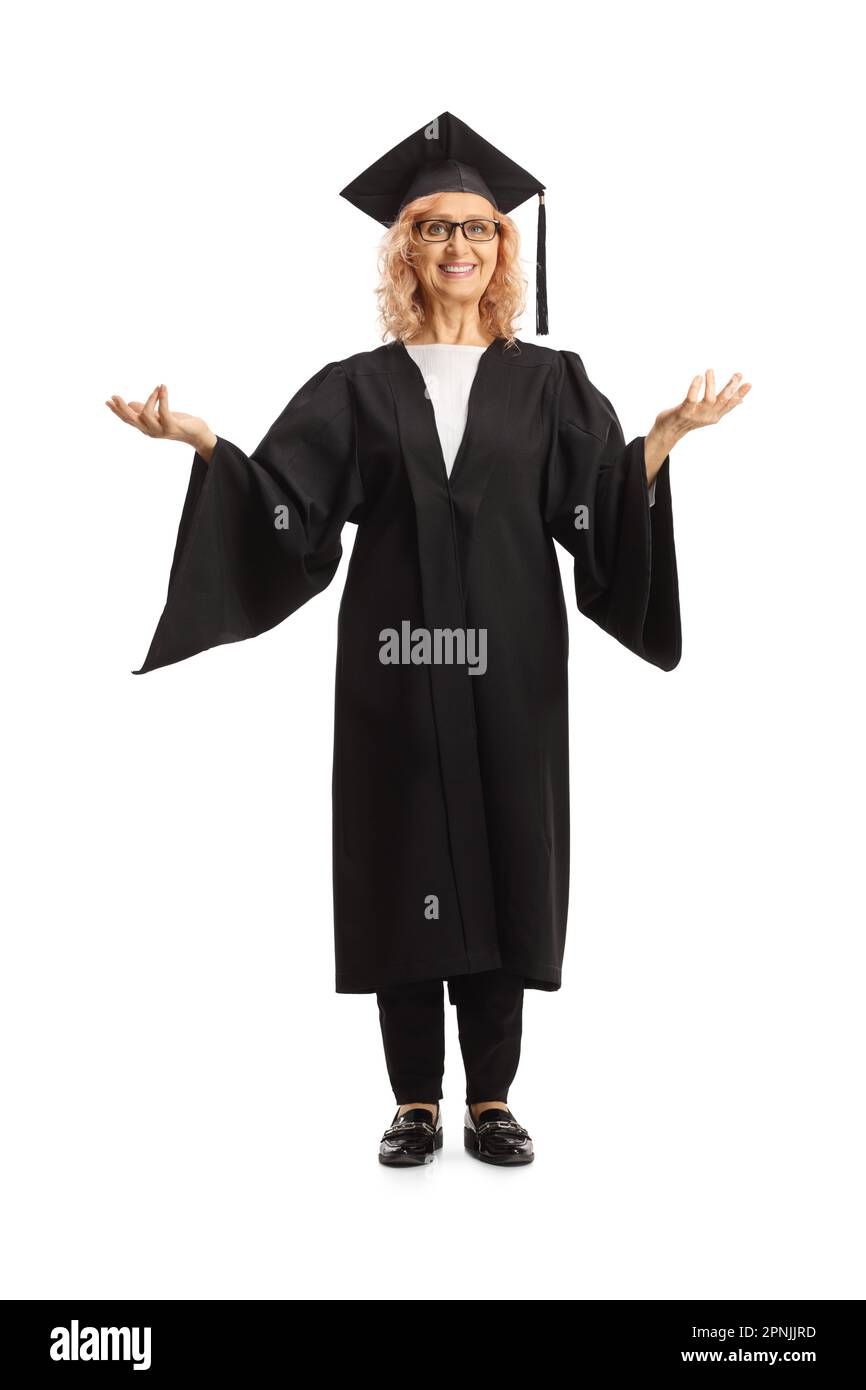 Full length portrait of a woman wearing a black graduation gown and ...