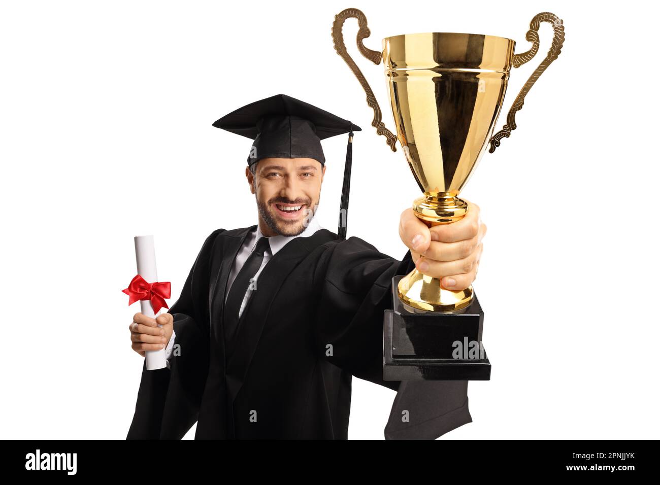 Full length portrait of a happy young man wearing a graduation gown and ...