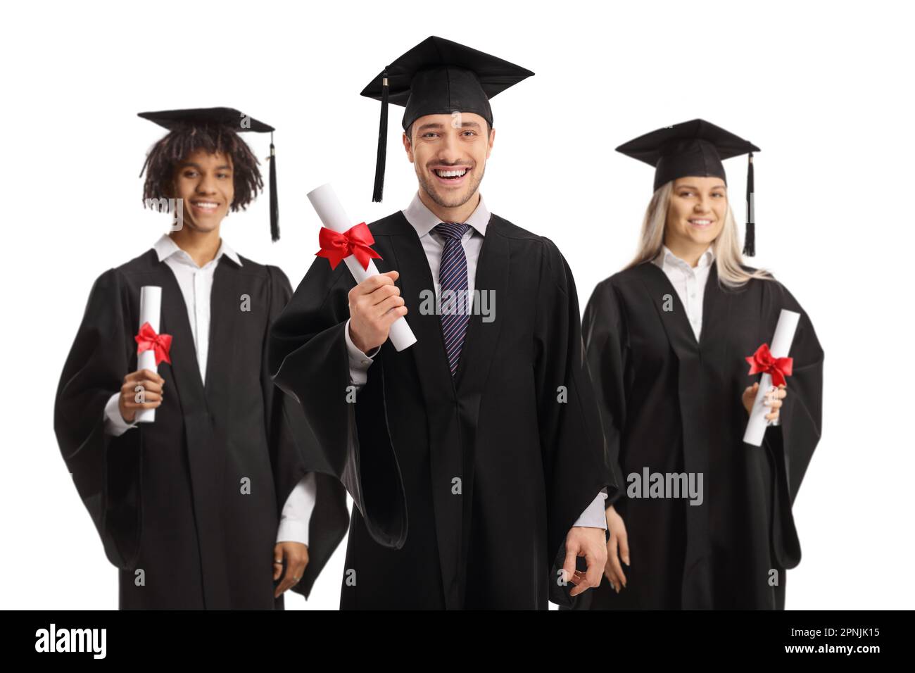 Group of graduates with bachelor certificates isolated on white ...