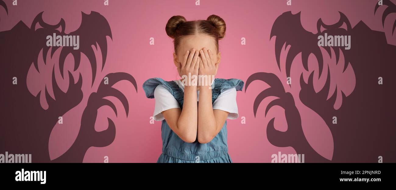 Childhood Fears Concept. Scared Little Girl Covering Face With Hands ...