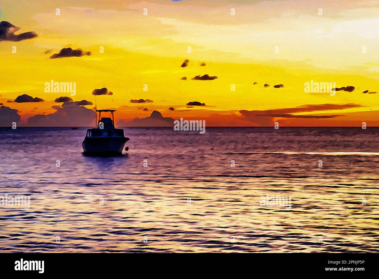 Digitally created watercolor painting of a vibrant sunset with strong ...