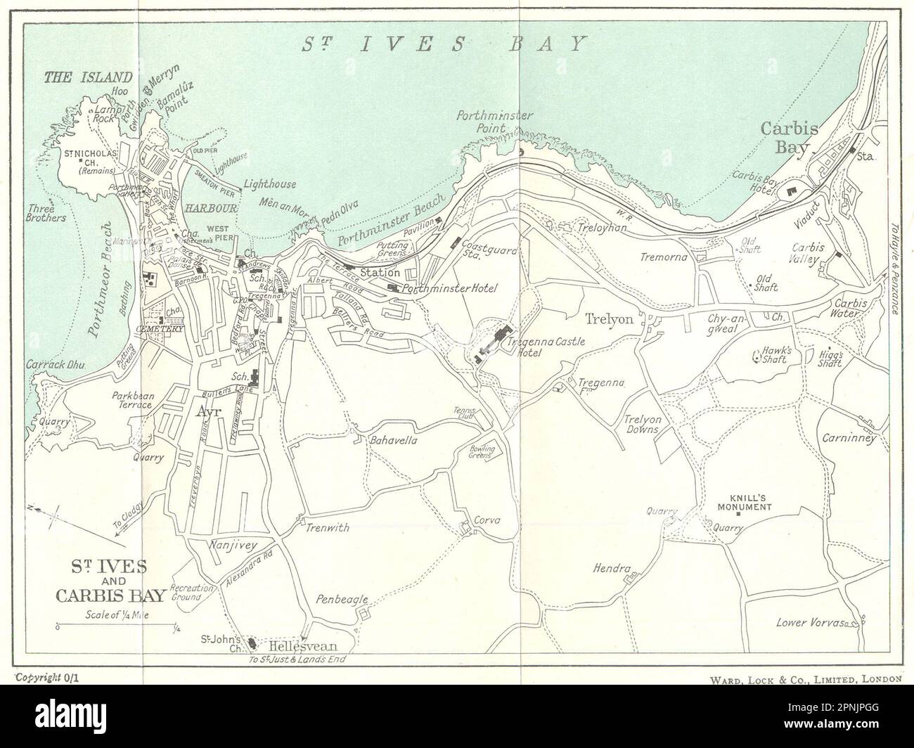 ST. IVES AND CARBIS BAY vintage town/city plan. Cornwall. WARD LOCK ...