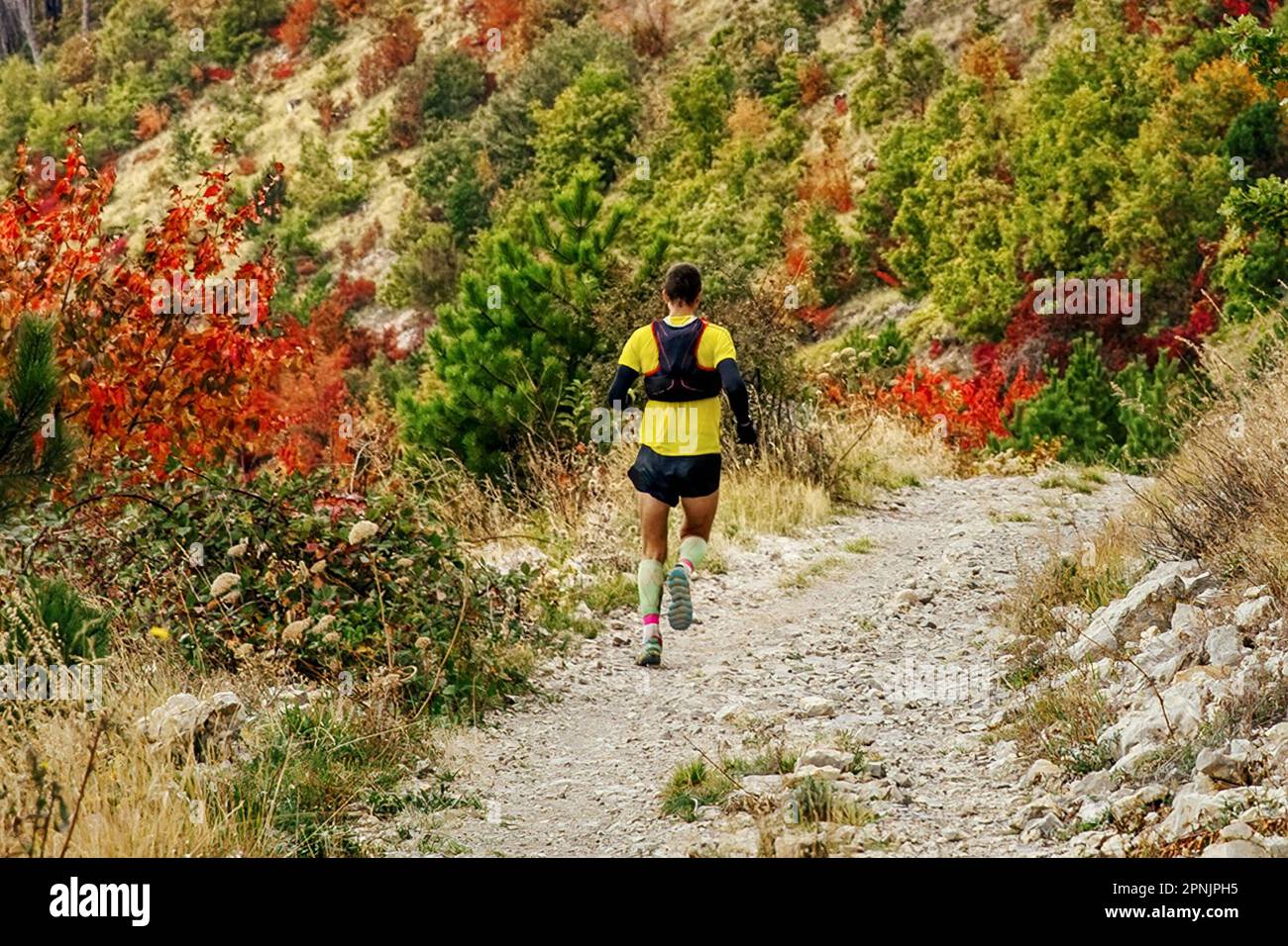rear view male runner with camelback and compression socks running ...