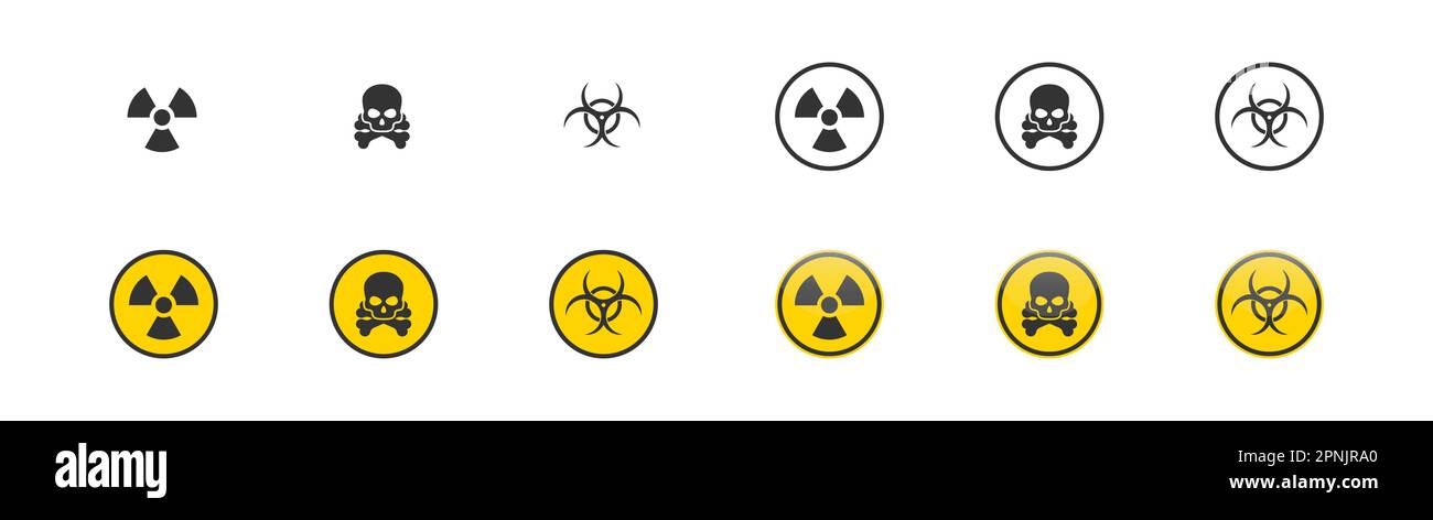 Danger yellow signs. Radiation, biohazard, death, toxic set icon in ...