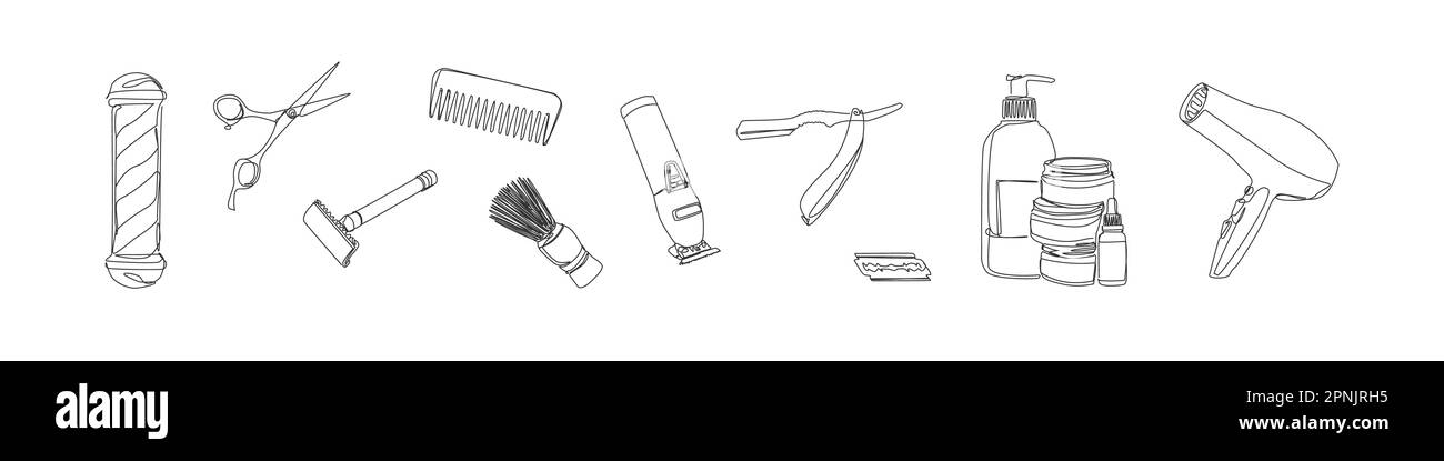 Barber shop symbol set in one line drawing. Scissors, razor and blade ...