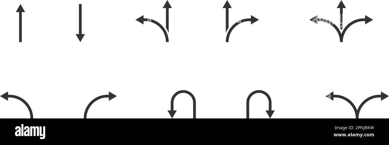 Road way arrow. Black icon set turn direction street. Vector isolated flat illustration, eps10 ...