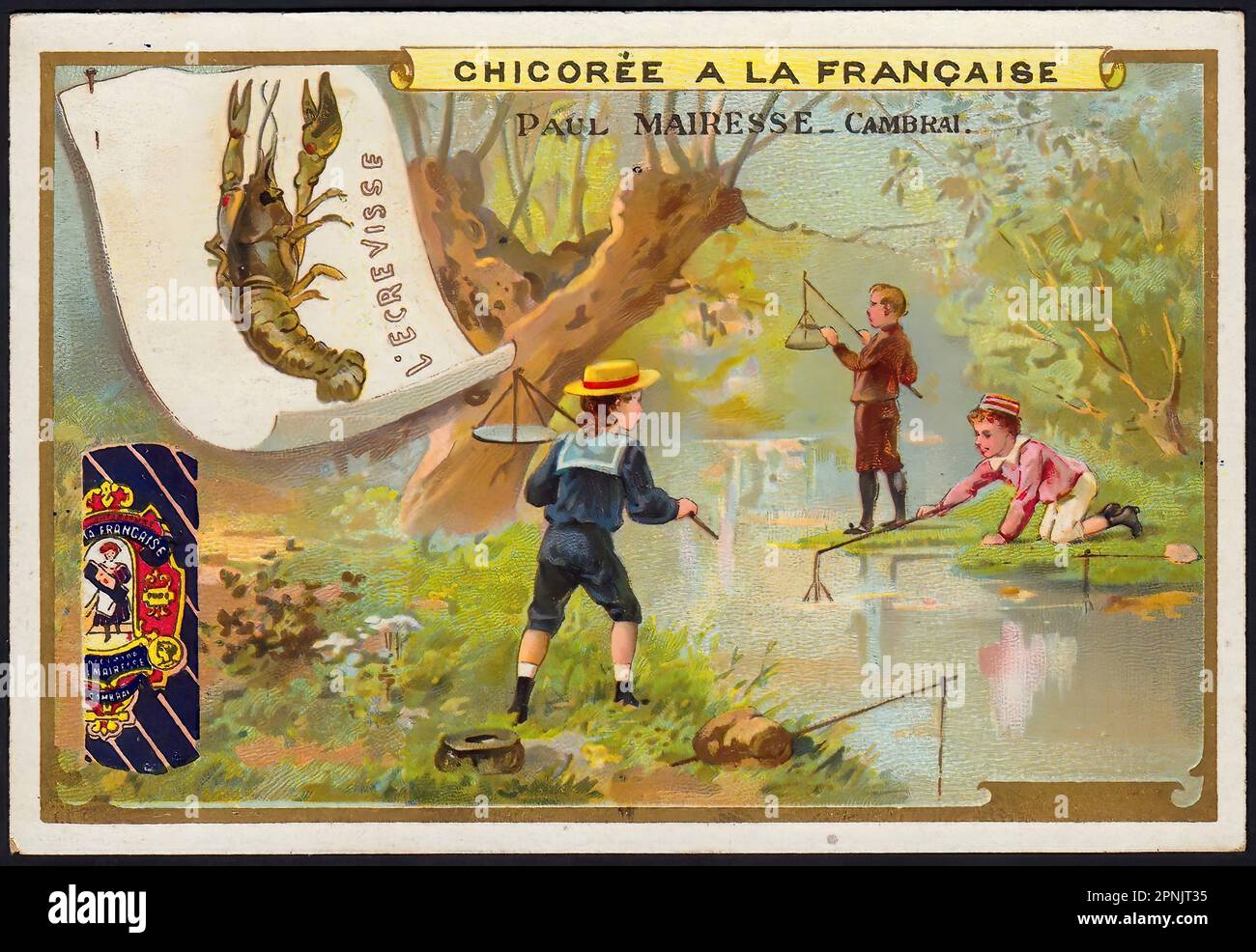 Fishing For Crayfish - Vintage French Tradecard, Belle Epoque Era Stock ...