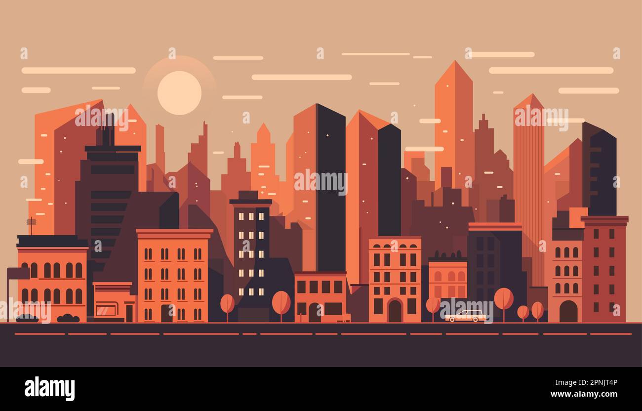 Cityscape background. Sunset town building silhouettes. Minimal ...