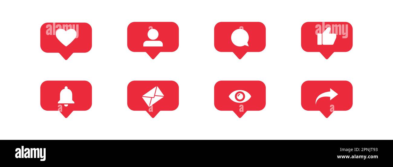 Social media icons set. Red speech bubble notification, like and comment. Collection functional ...