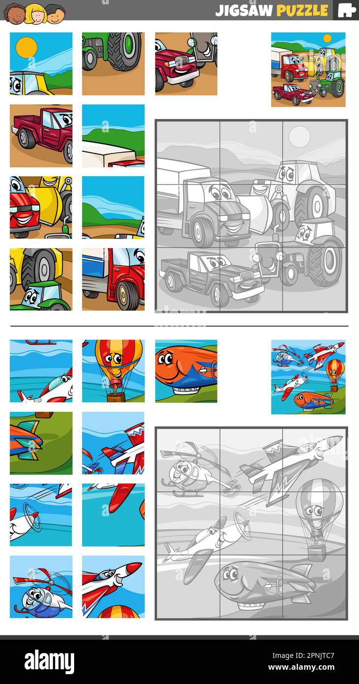 Cartoon illustration of educational jigsaw puzzle games set with ...